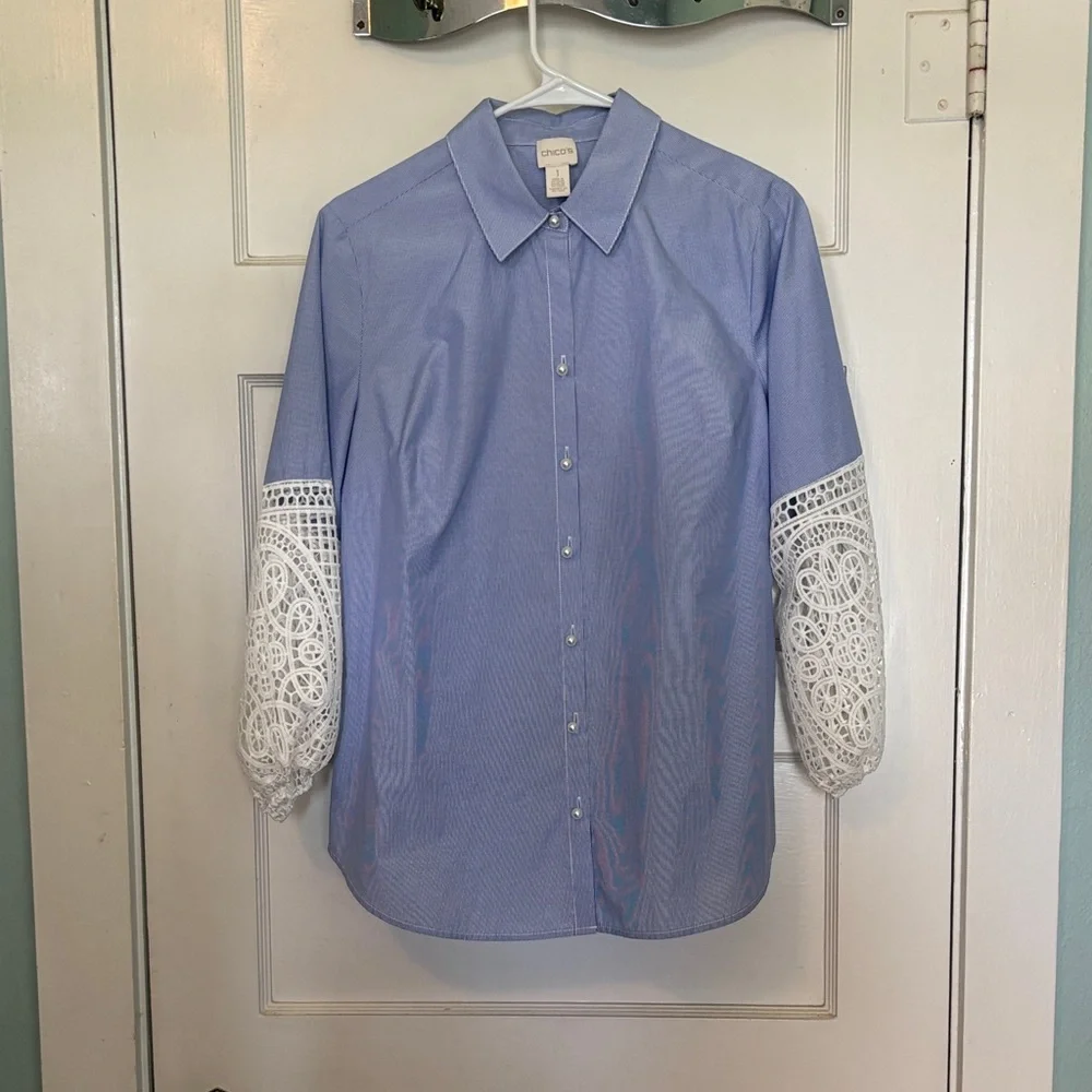Chico's | Tops | Chicos Light Blue Buttonfront Shirt White Crochet Lace ...